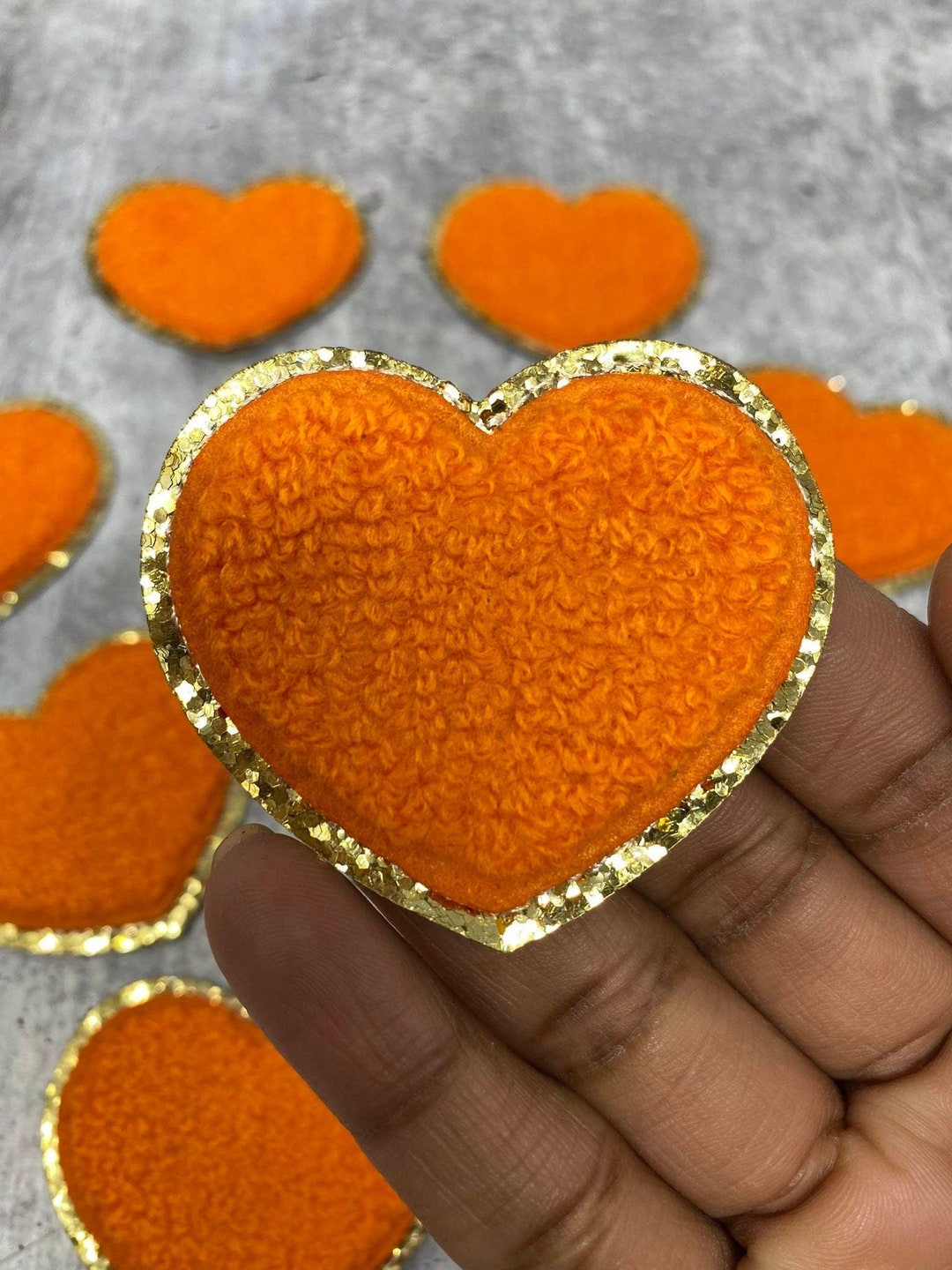 New: Orange, Chenille 1-pc "heart Patch" W/gold Glitter, Size 2.5 ...
