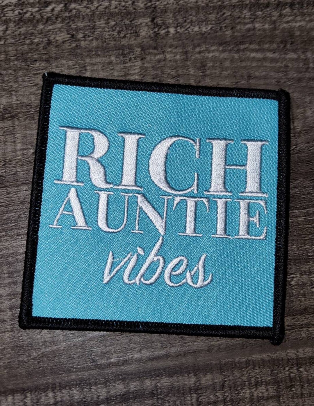 New, 1-pc "rich Auntie Vibes", Light Blue, Black Border, Iron-on ...