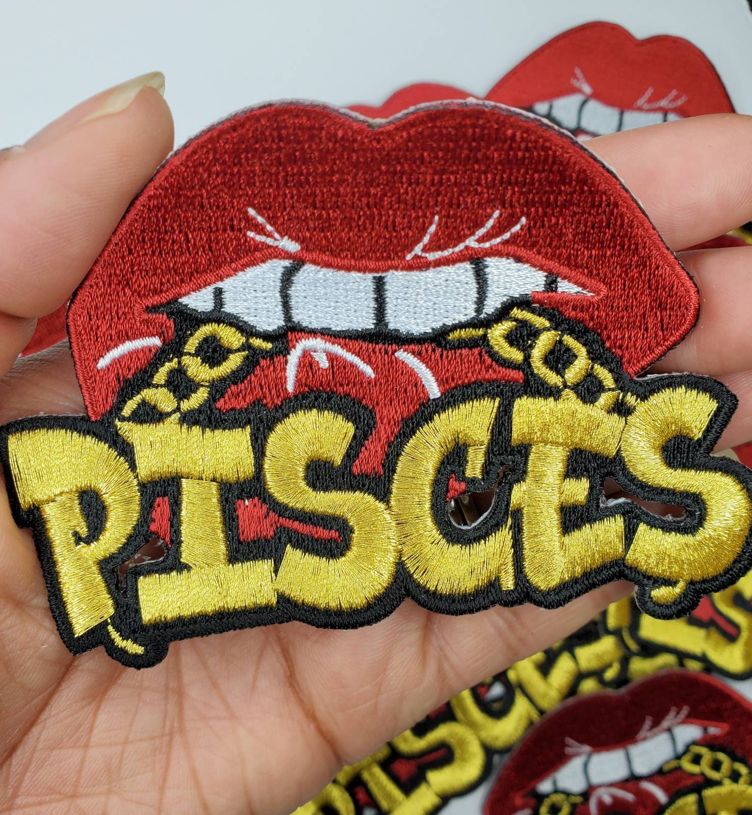 Poppin' Red Lip "pisces" W/gold Metallic Chain|iron-on Embroidered ...
