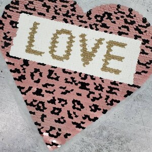 New Arrival, Leopard Print Reversible Sequins "love" HEART, Embroidered Patch SEW-ON Applique ...