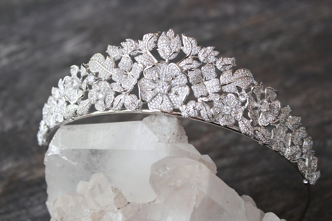 Royal Bridal Tiara, Simulated Diamond Wedding Crown, Floral Design - Etsy