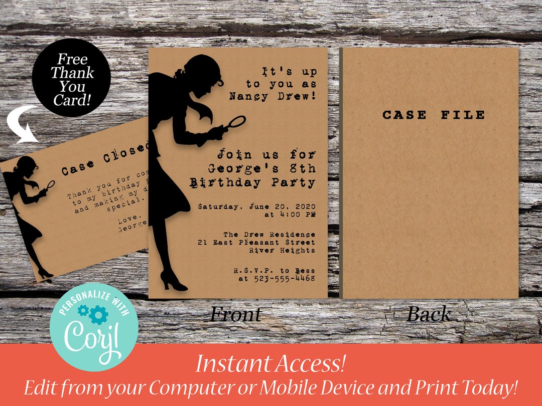 Nancy Drew Case File Birthday Party Invitation, Invite, Detective ...