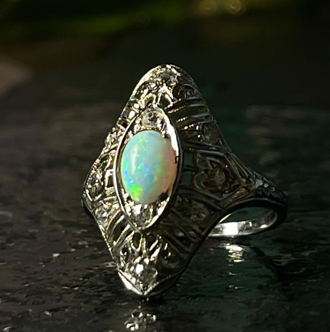 Opal Ring Old European Cut Diamond 18K Art Deco Diamond Opal Ring 1920s ...
