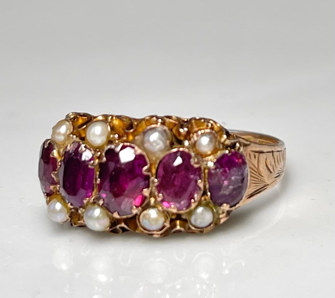 Victorian Garnet Pearl Ring Antique Engagement Ring Seed Pearl Ring Gold Victorian Ring 2 Ct ...