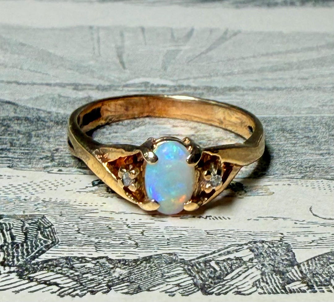 Opal Ring 14k Gold Genuine Australian Opal Diamond Art Deco Blue Opal ...