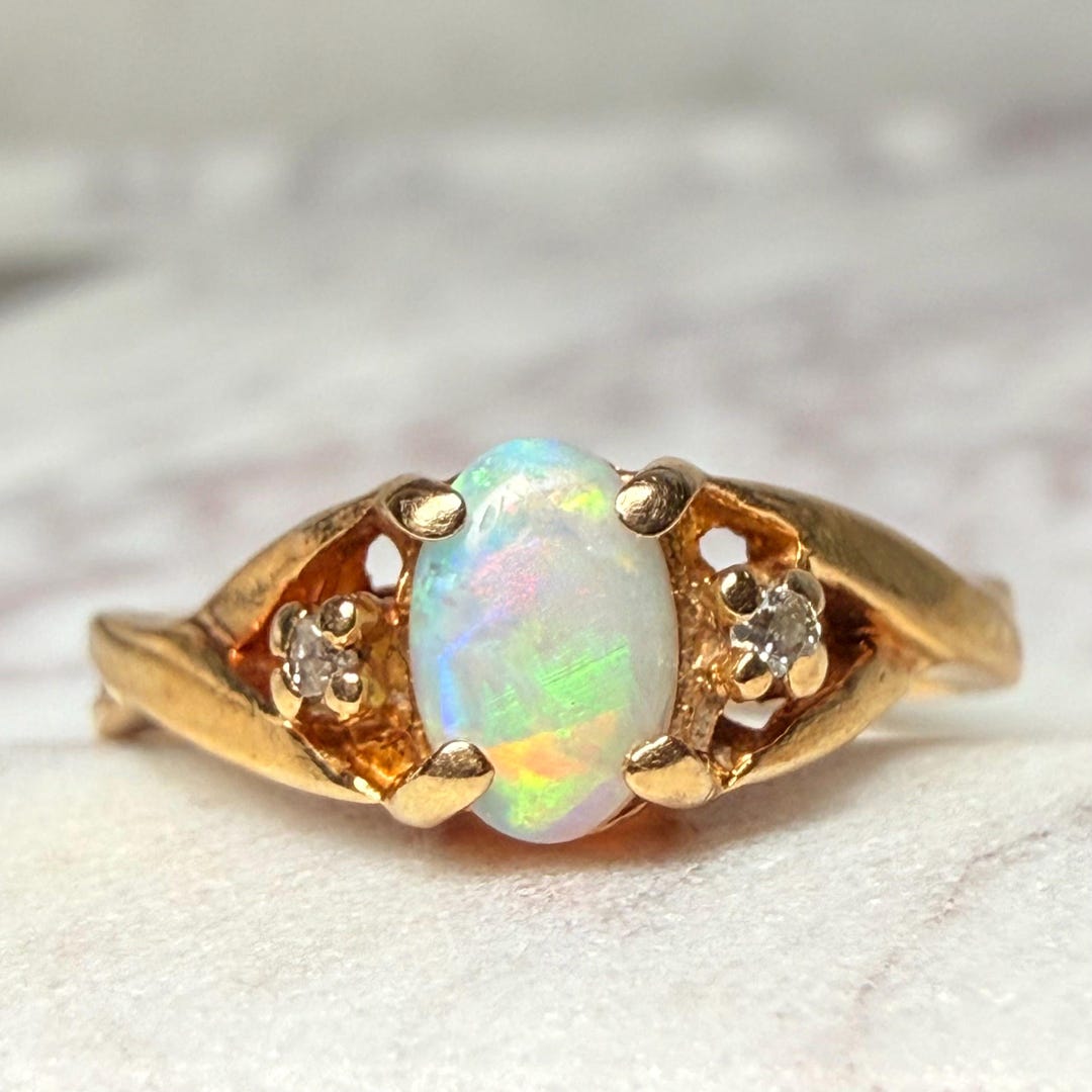 Opal Ring 14k Gold Genuine Australian Opal Diamond Art Deco Blue Opal ...