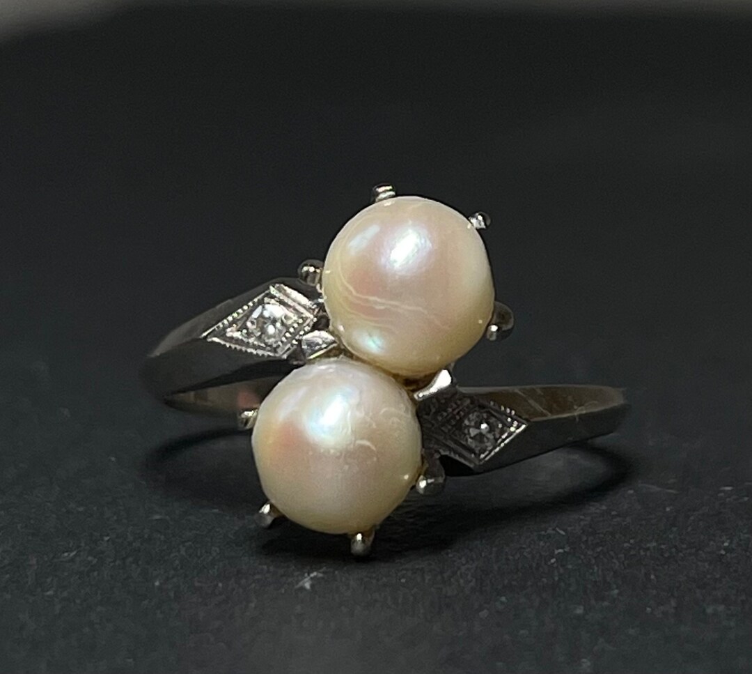 Pearl Ring 14K Bypass Pearl Engagement Ring 7 Mm Art Deco Pearl Diamond ...