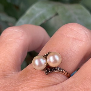 Japanese Pearl Ring 14K Antique Pearl Engagement Ring Art Deco Engagement Ring Toi Et Moi Bypass ...