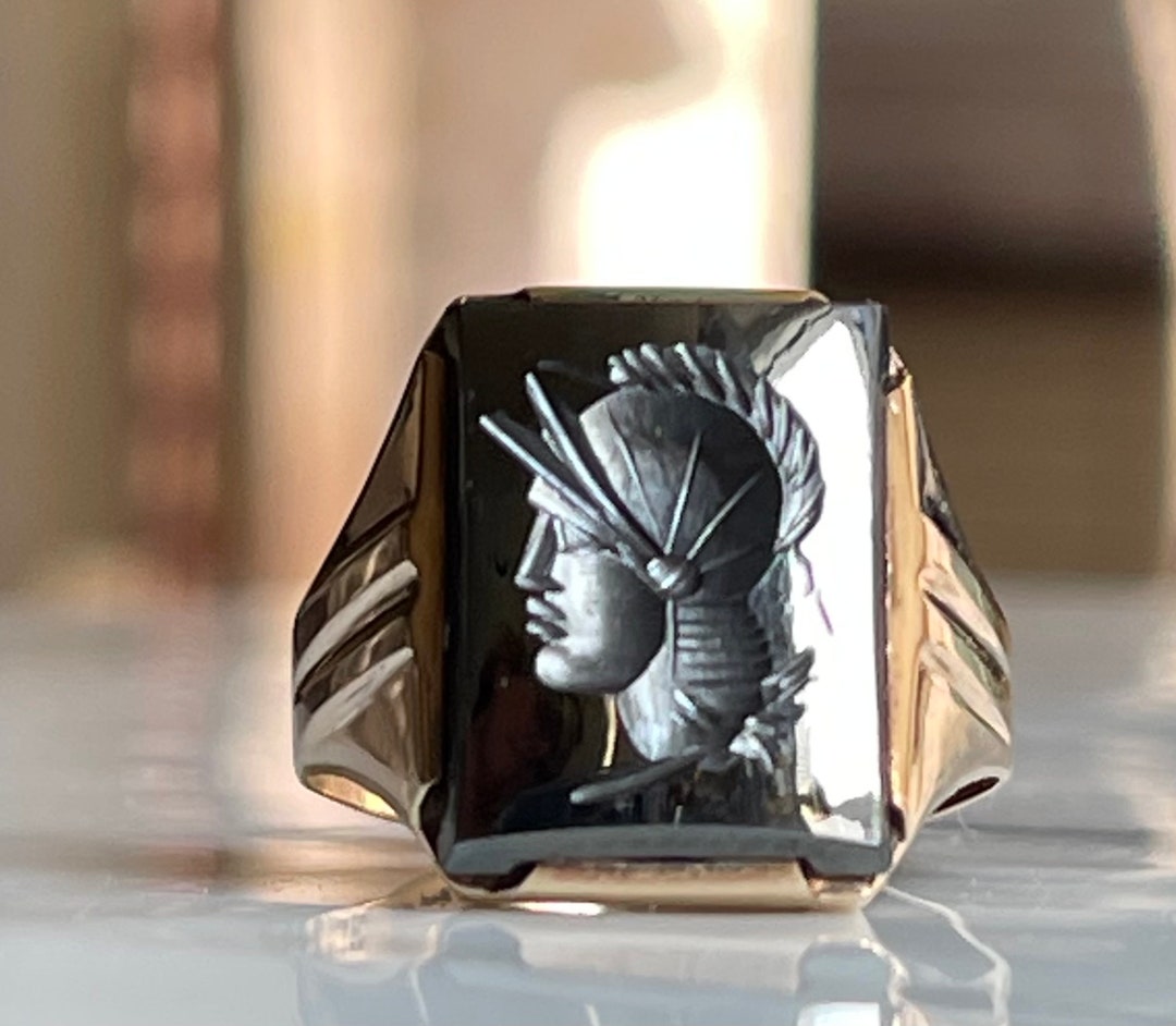 Intaglio Ring Mens Signet Ring 10K Greek Roman Antique Carved Hematite ...