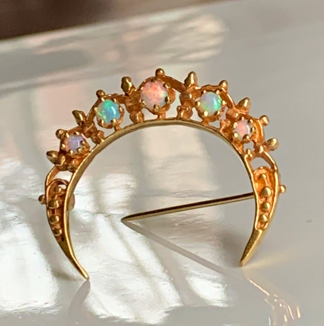 Opal Moon Pendant 14K Eternity Symbol Opal Pin Seed Pearl Antique Seed ...