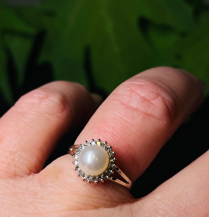 Pearl Ring Diamond Halo 14K Vintage Pearl Engagement Ring 7 Mm Cultured ...
