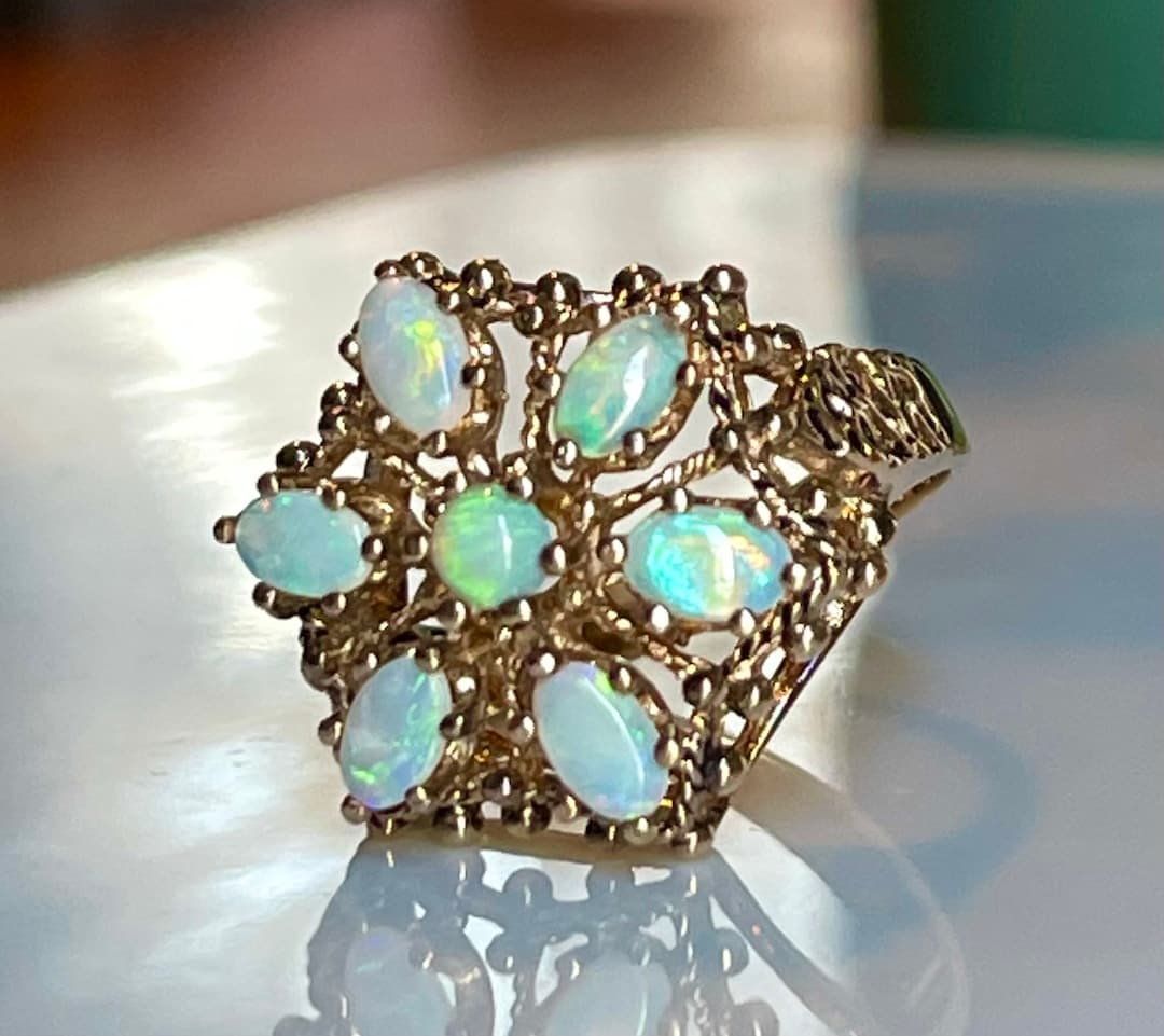 Opal Ring Vintage Fiery Blue Opal Engagement Ring 10K Natural Opal Ring ...