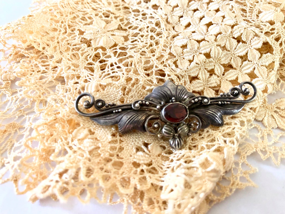 Broche vintage estilo Art Nouveau, broche de plata y granate, broche de ...