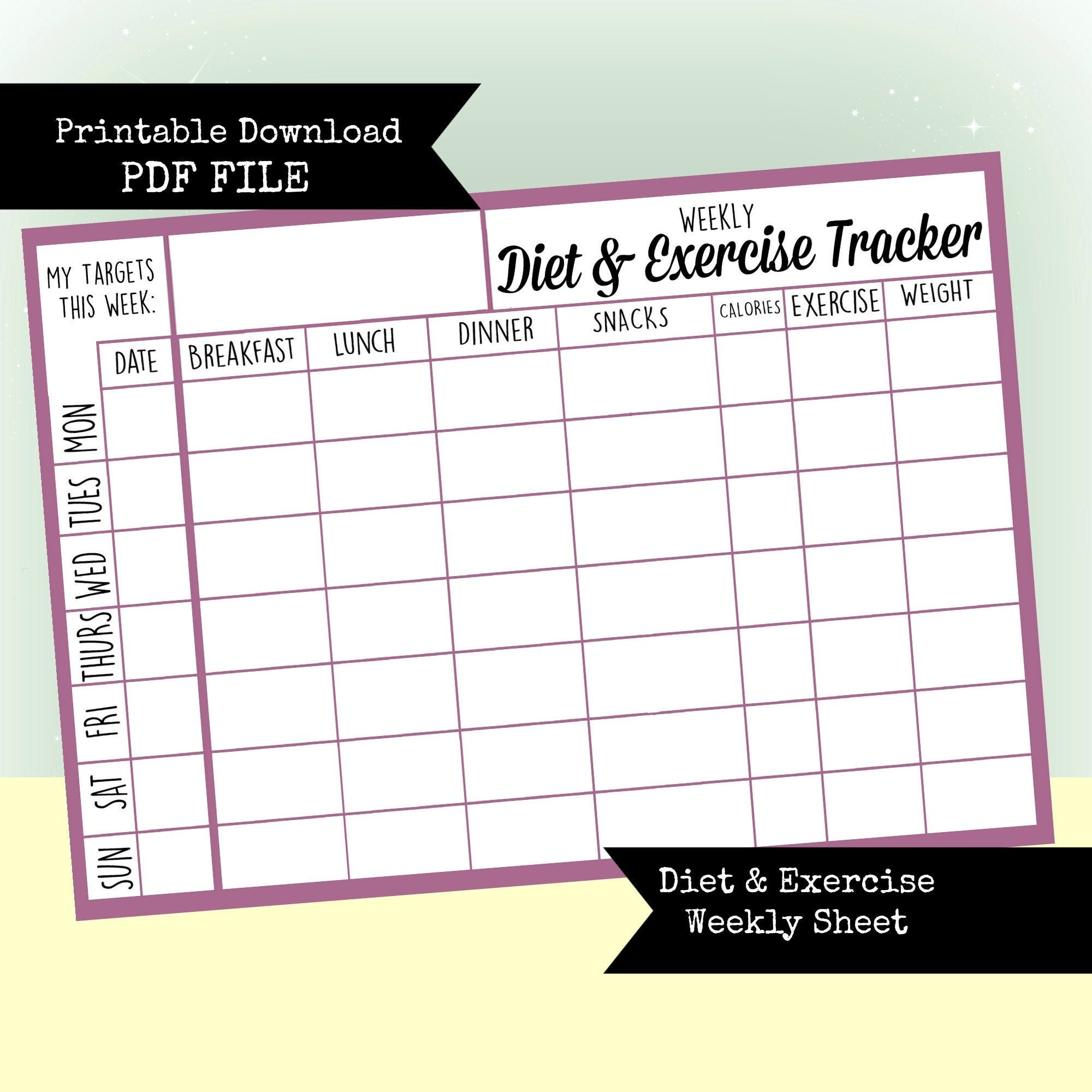 Diet & Exercise Weekly Tracker Printable Sheet PDF Download | Etsy