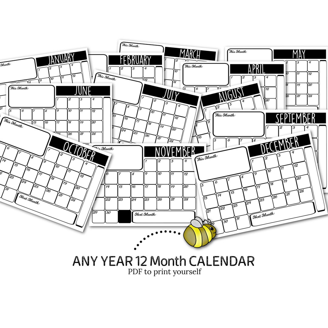 Any Year Calendar Set of 12 A4 Monthly Sheets to Print Yourself ...