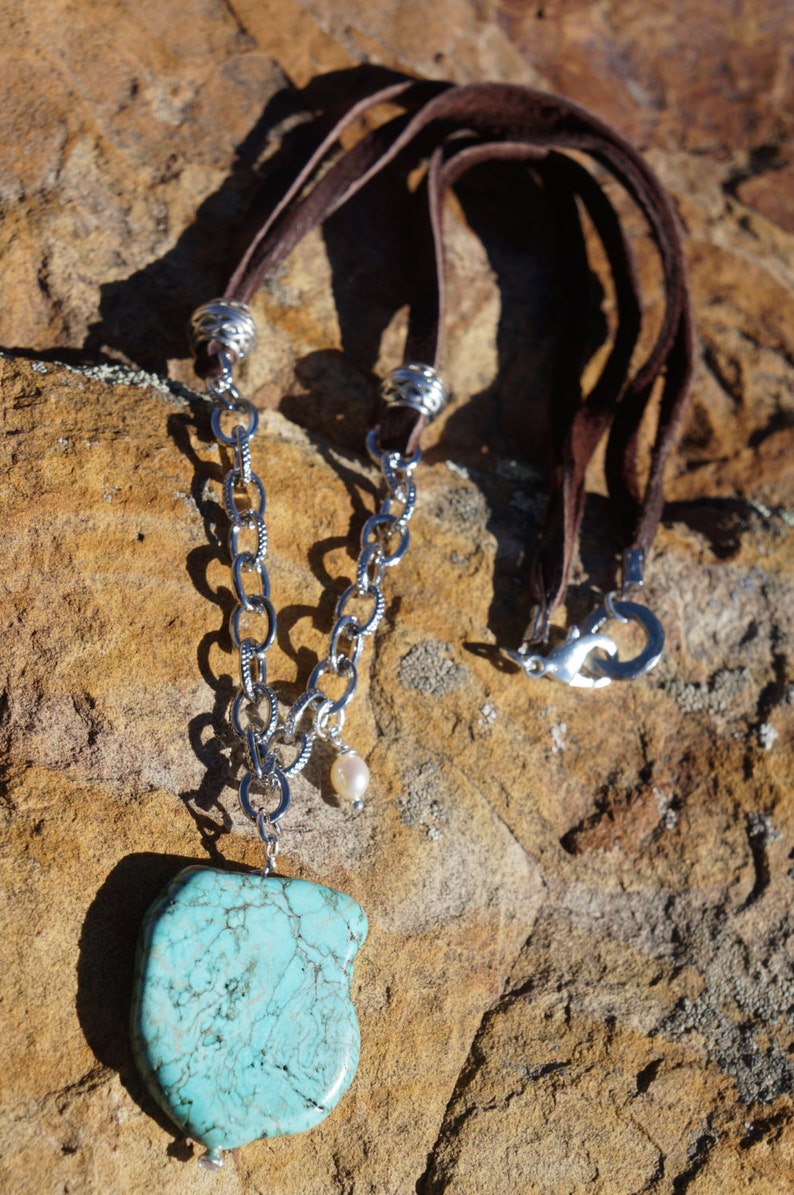 Turquoise and Suede Leather/chain Necklace Country Western - Etsy