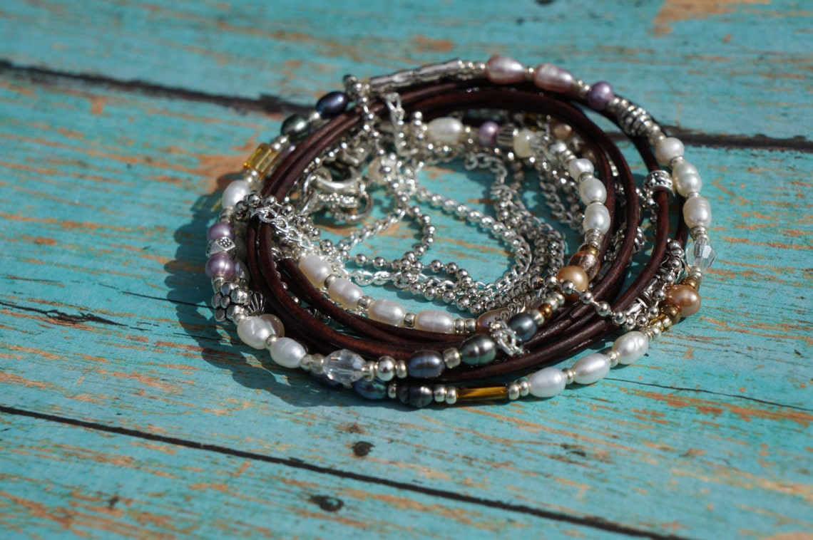 Boho Endless Leather Wrap Bracelet Silver And Pearls Etsy
