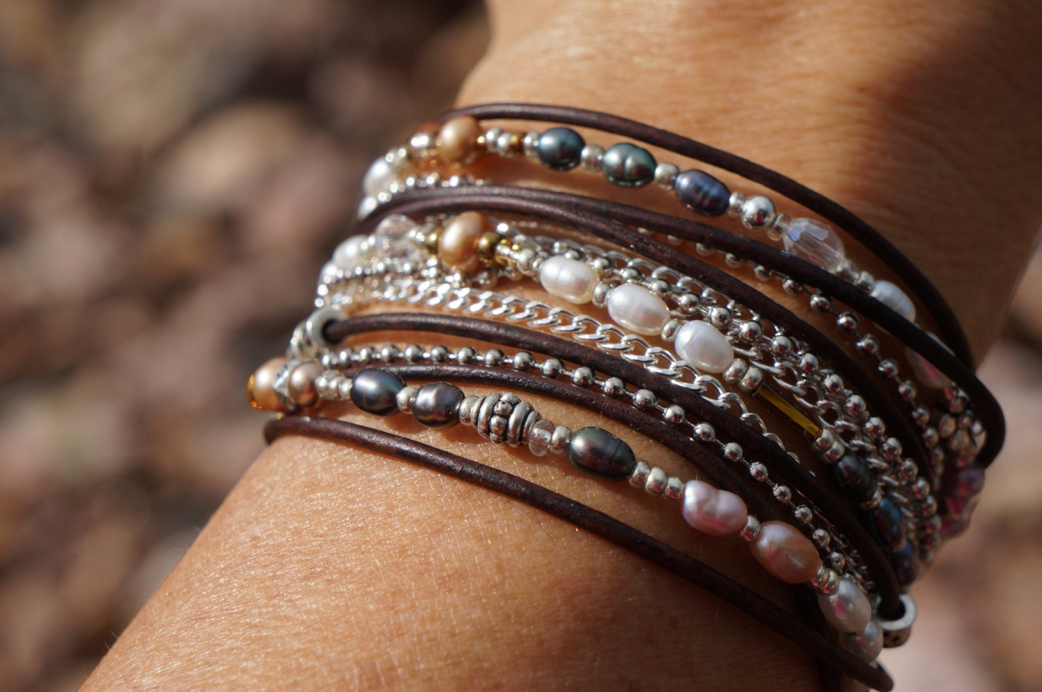Boho Endless Leather Wrap Bracelet Silver And Pearls Etsy