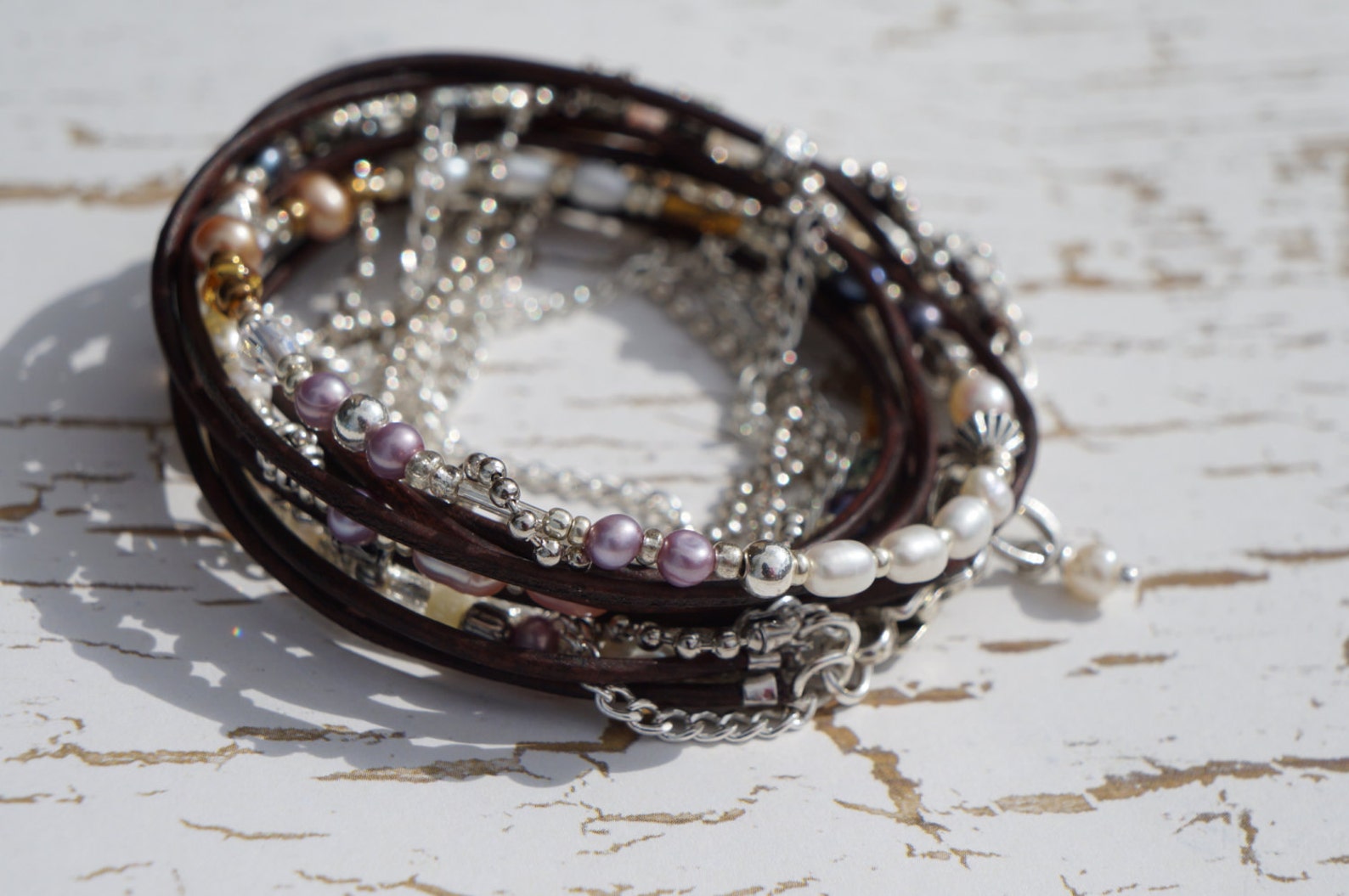 Boho Endless Leather Wrap Bracelet Silver And Pearls Etsy