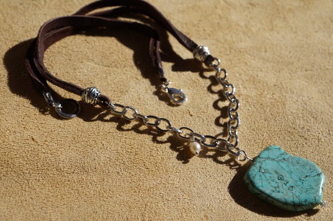 Turquoise and Suede Leather/chain Necklace, Country Western - Etsy