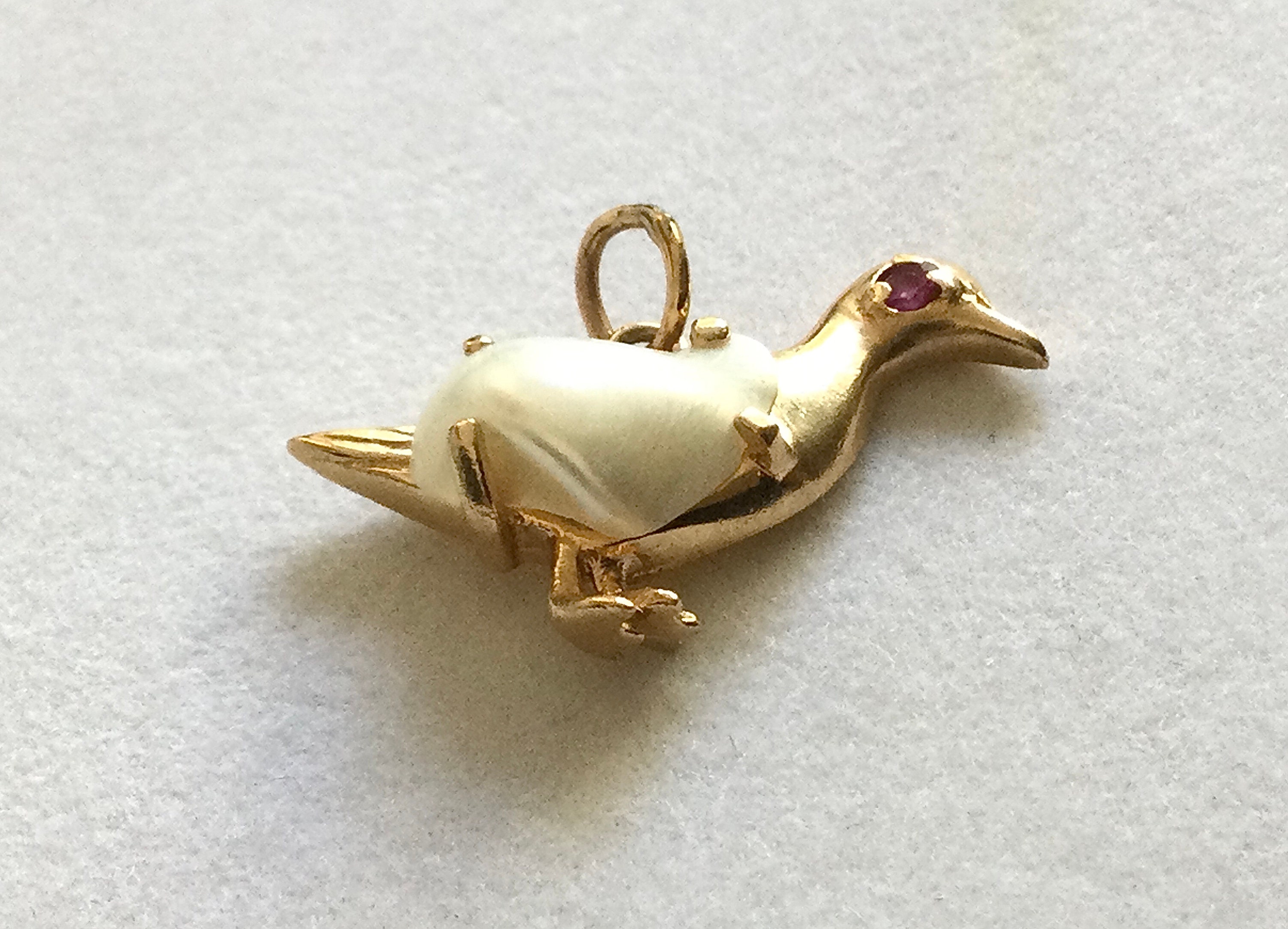 Vintage Duck Charm 14K Gold With Pink Sapphire and Blister Pearl Accent ...