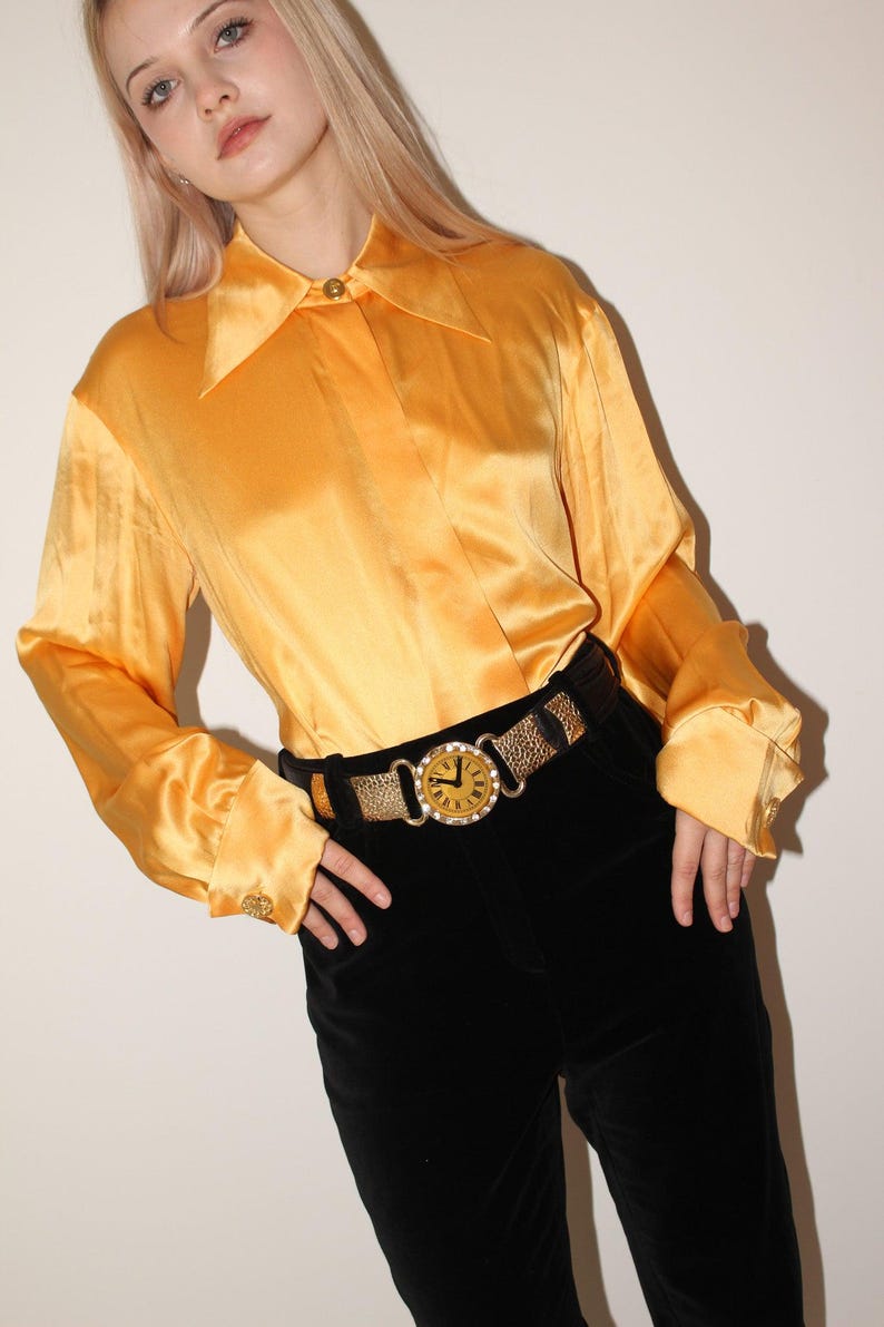 Vintage 70's CELINE Button Down Silk Shirt / Gold Triomphe Logo Buttons / Dramatic French Cuffs ...