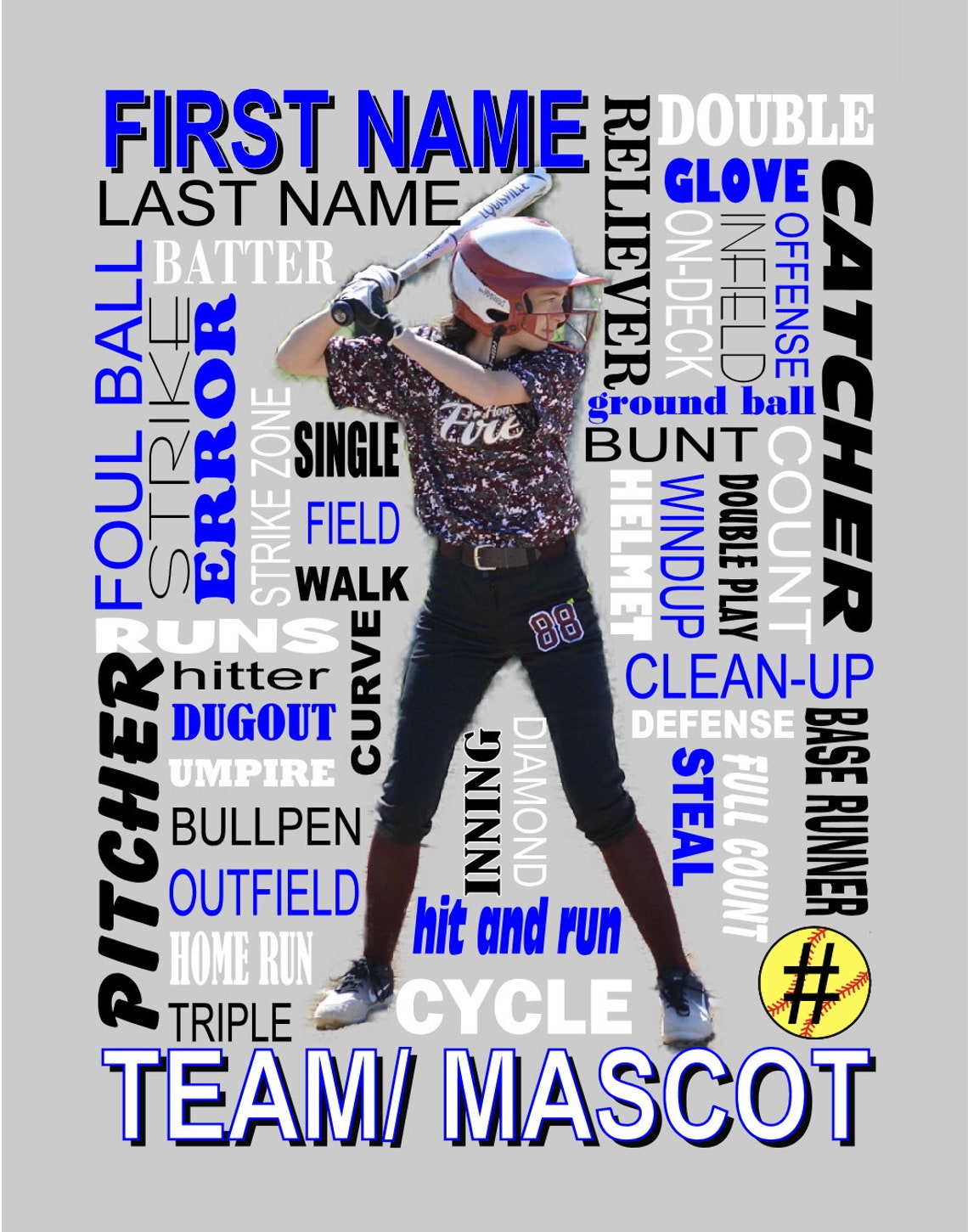 Softball Word Collage With Photo Softball Collage Softball | Etsy