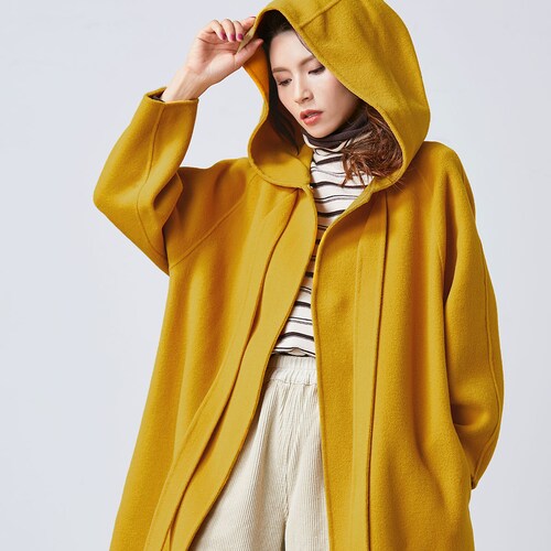 Mustard Yellow Cape Coat Hooded Coat Wool Coat Wool Cape | Etsy