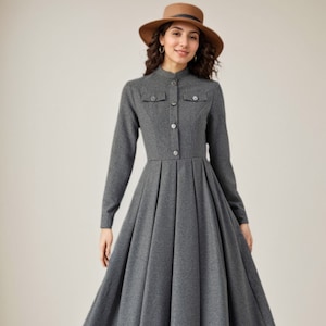 Vintage Inspired Winter Wool Dress Women, Mandarin Collar Vintage Inspired Winter Wool Dress Women, Mandarin Collar