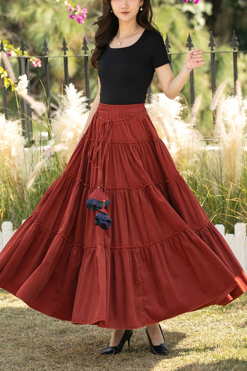Rust Corduroy Tiered Maxi Skirt – Elastic Waist Boho Pleated Skirt ...