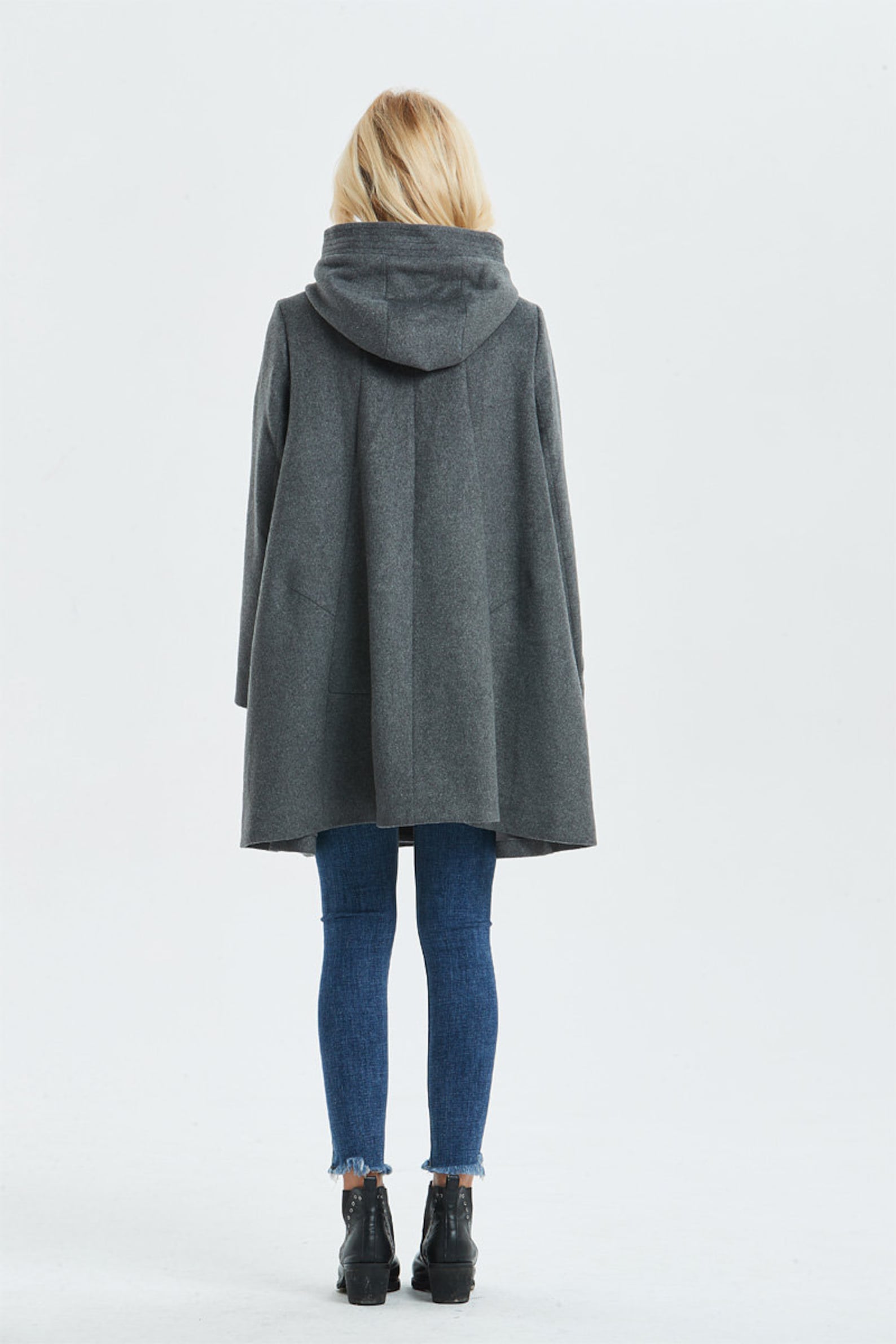 Hooded Wool Coat, Swing Wool Coat in Gray, Winter Coat Women, Warm ...