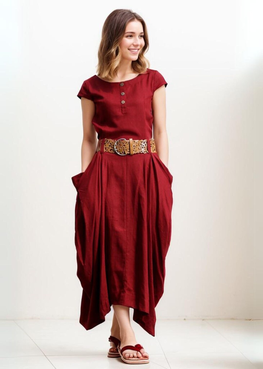 Linen Dress, Red Womens Dress, Linen Summer Dress, Short Sleeves Dress ...