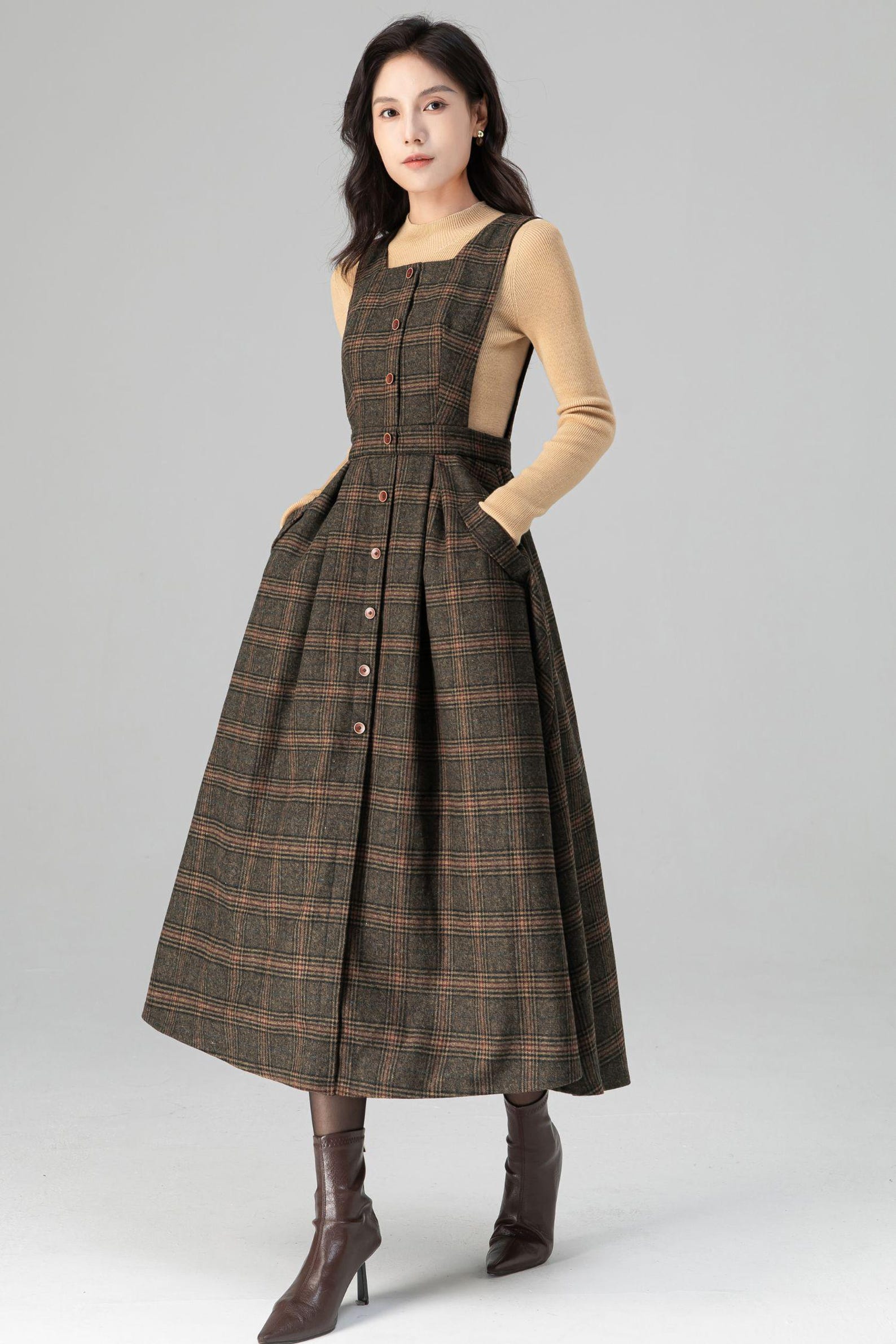 Plaid Wool Pinafore Dress: Vintage Inspired A-line Midi With Pockets ...