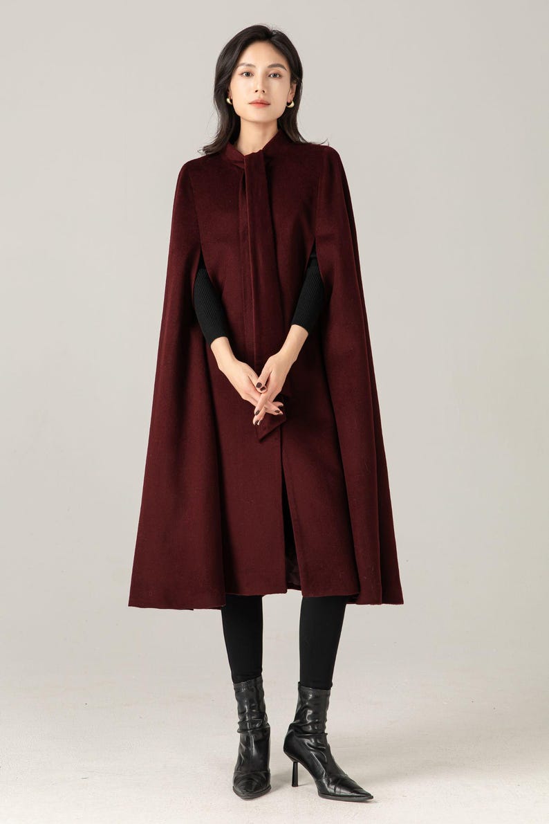 Burgundy Wool Blend Cape Coat: Women Long Winter Cape Outerwear ...