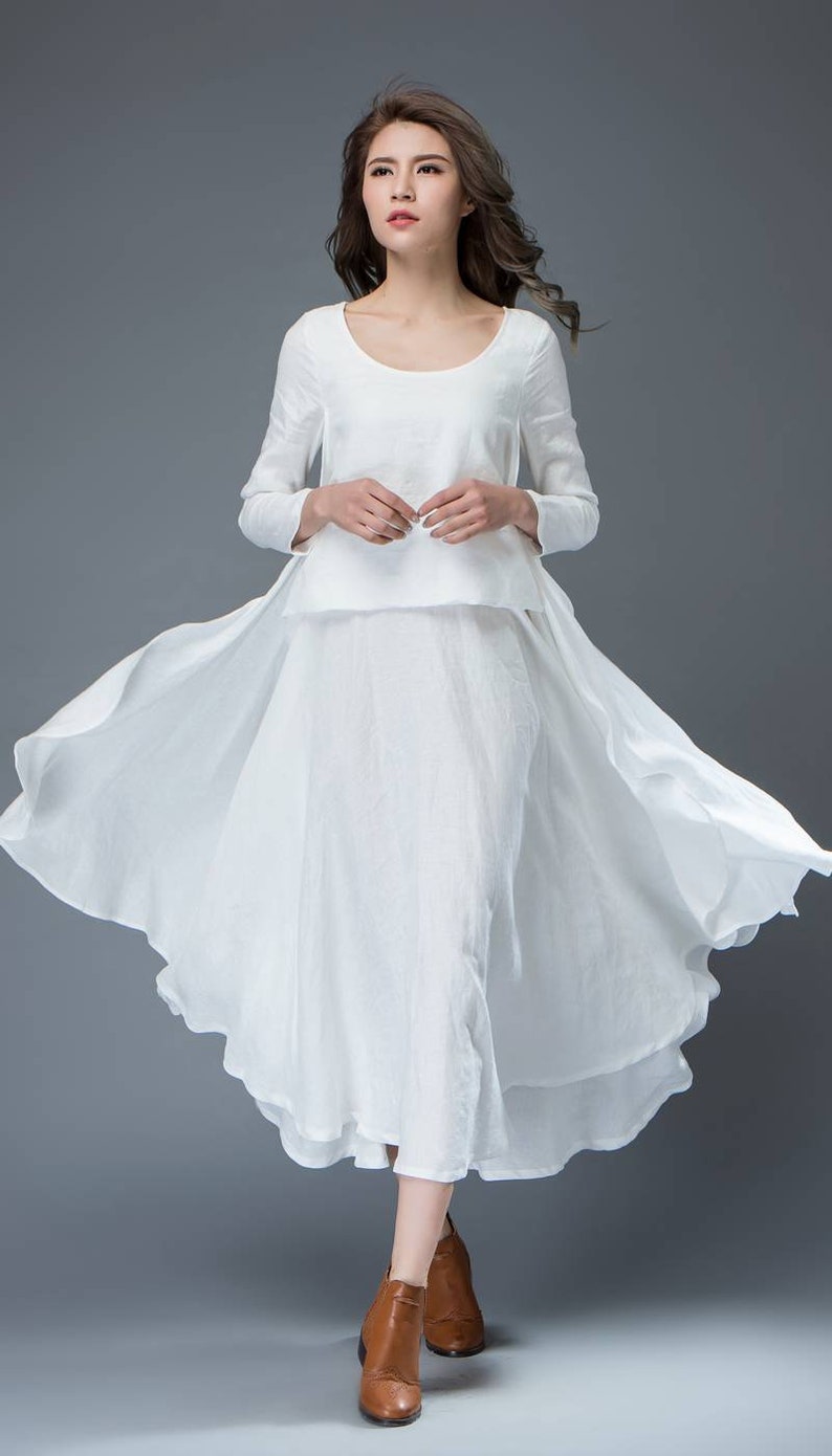 Handmade White Linen Dress - Long Sleeve Flowing Summer Dress, Ylistyle ...