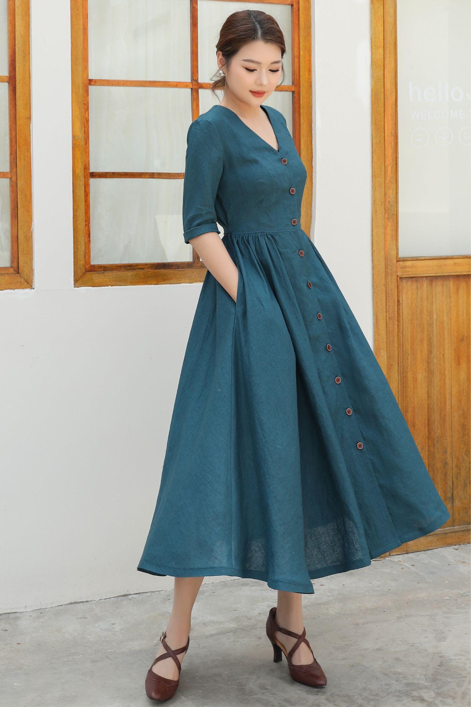 Shirt Linen Dress, Button Front Linen Midi Dress, A-line Dress, Womens ...
