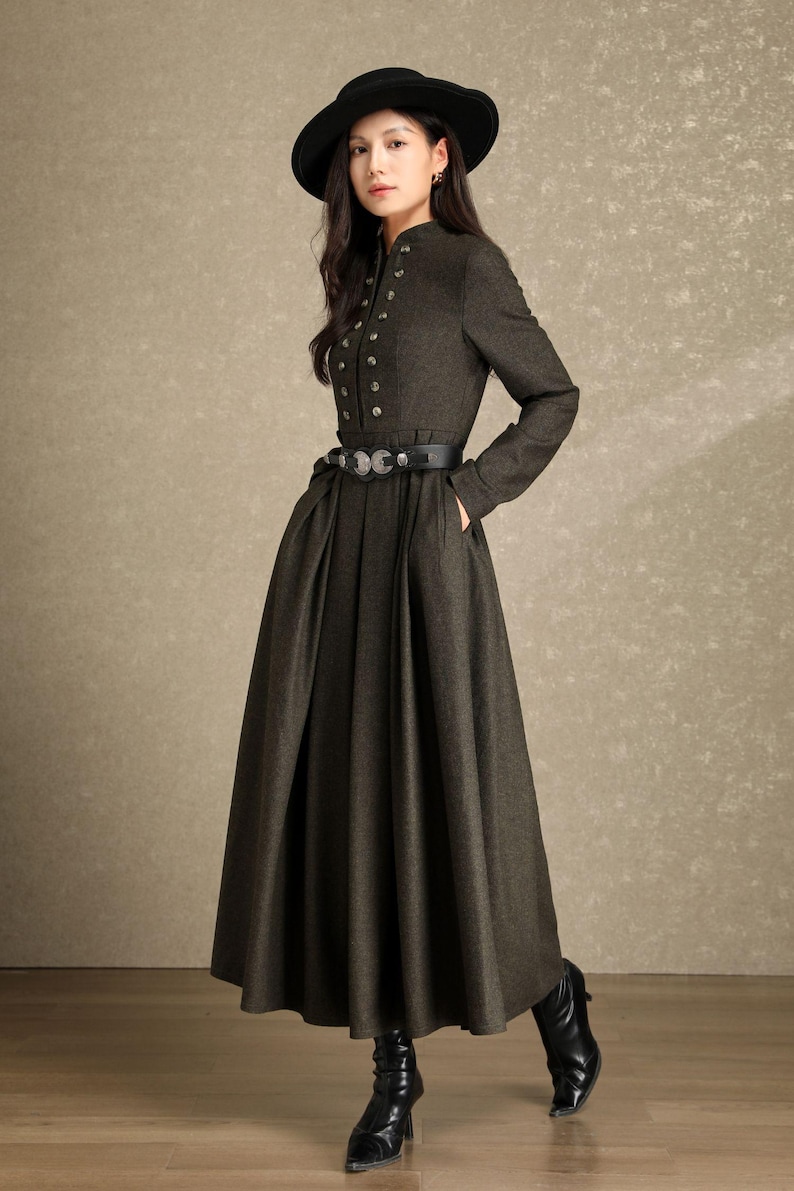 Womens Winter Wool Maxi Dress, Army Green Button Front Dress, Long ...