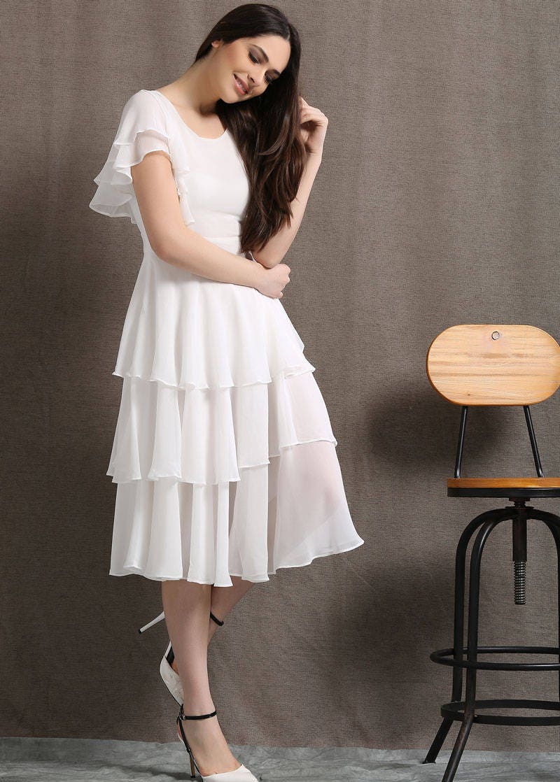 White Dress Chiffon Dress Ruffle Dress Midi Dress Simple - Etsy Australia