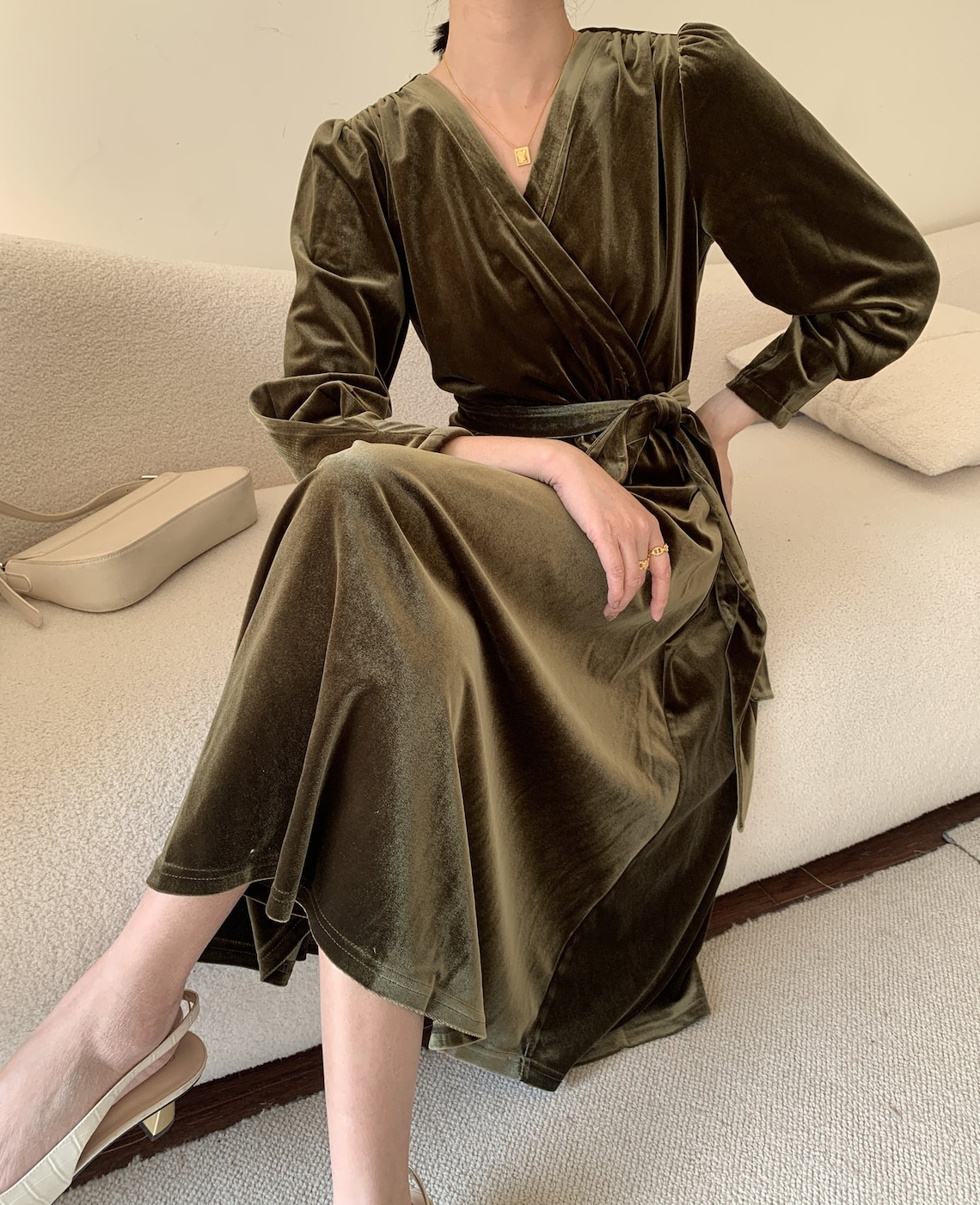 Green Velvet Wrap Dress Midi Velvet Dress Long Sleeve Dress - Etsy