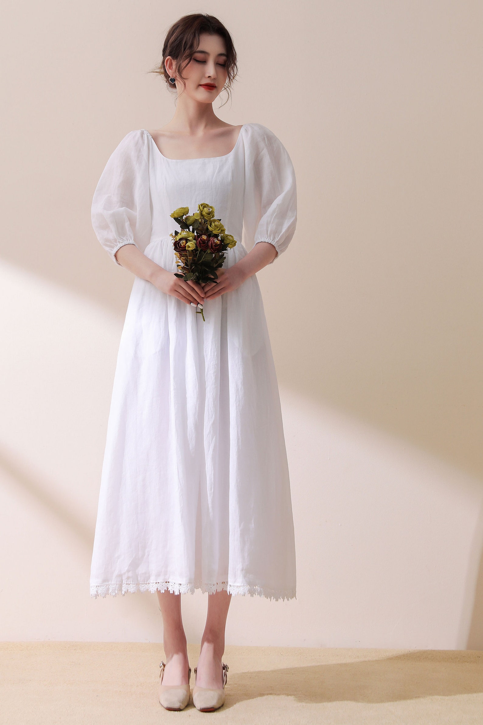 Puffy Sleeve Midi-dress, White Maxi Linen Dress, Bridesmaid Dress ...