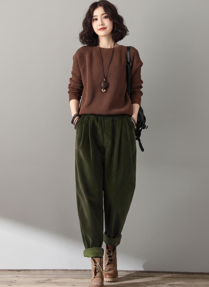 Olive Green Corduroy Harem Pants: Women Oversized Boho Trousers ...