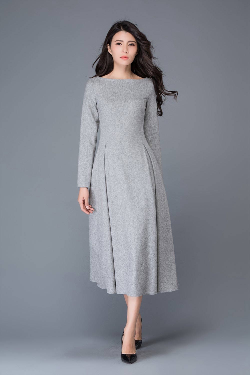 Wool Dress, Gray Midi Wool Dress, Long Wool Dress, Autumn Winter Wool ...