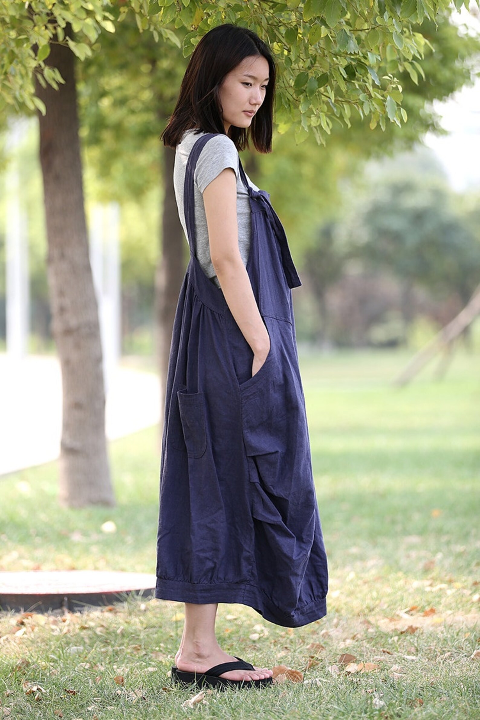 Linen Pinafore Dress Blue Long Suspender Dress With Bud Shape - Etsy