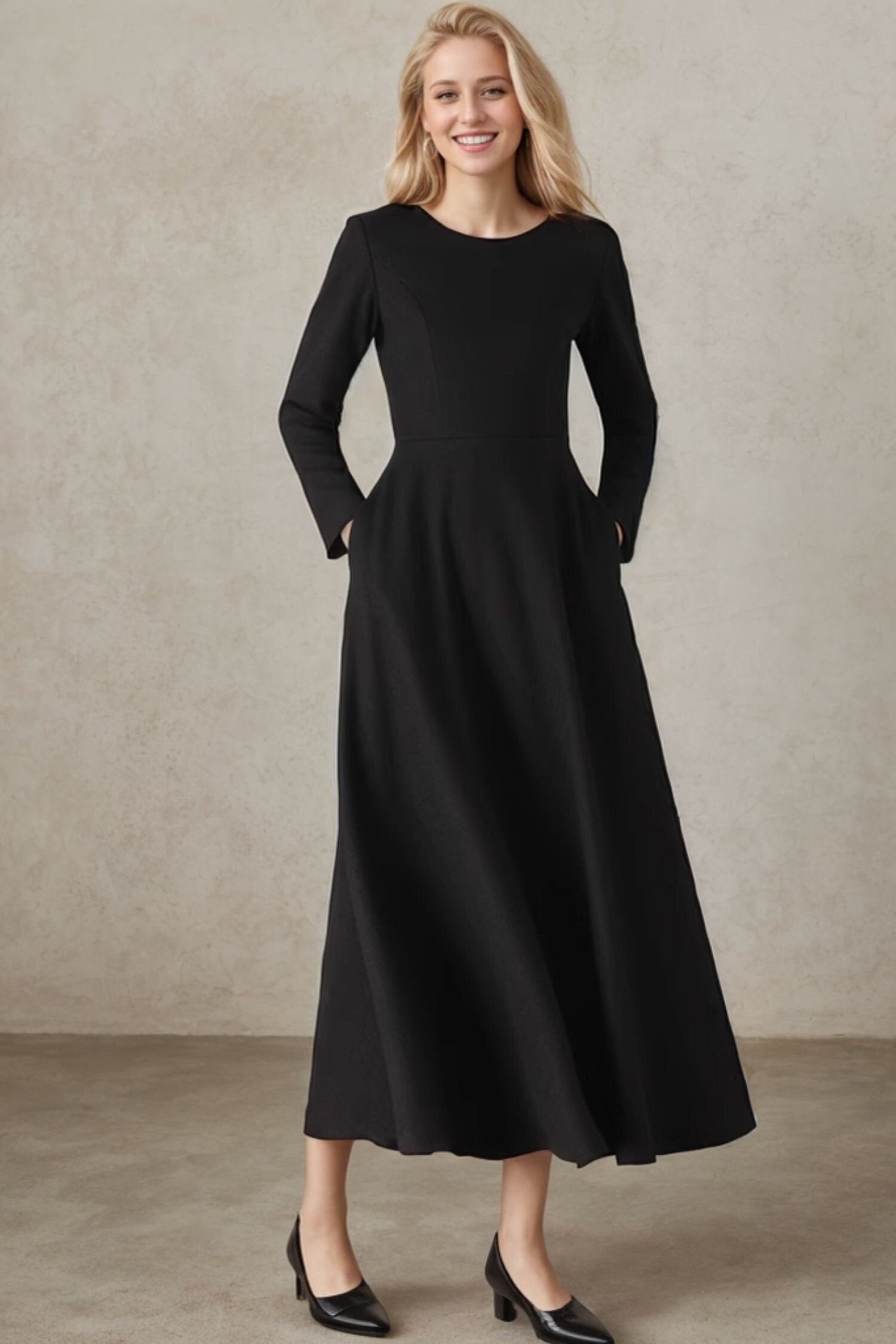 Long Wool Dress, Black Wool Dress, Winter Wool Dress, Fit and Flare ...