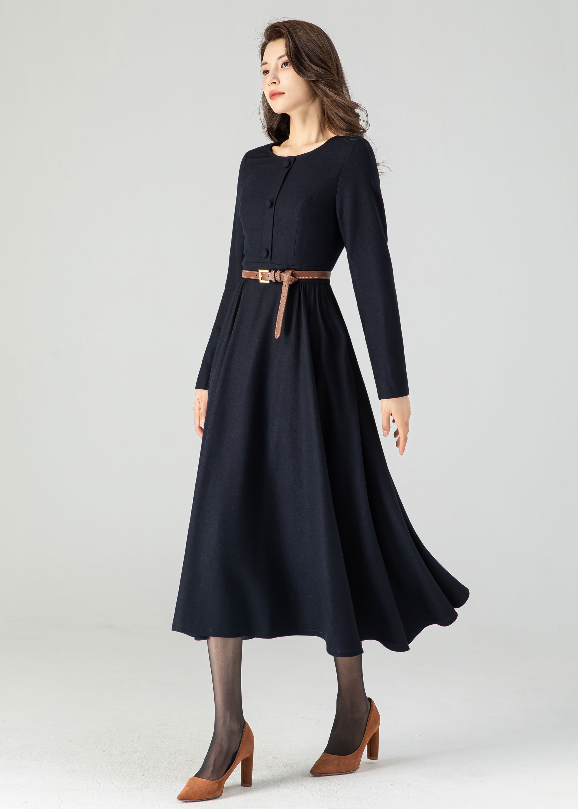 Navy Blue Wool Dress, Wool Midi Dress, Womens Wool Dresses, Fit and ...