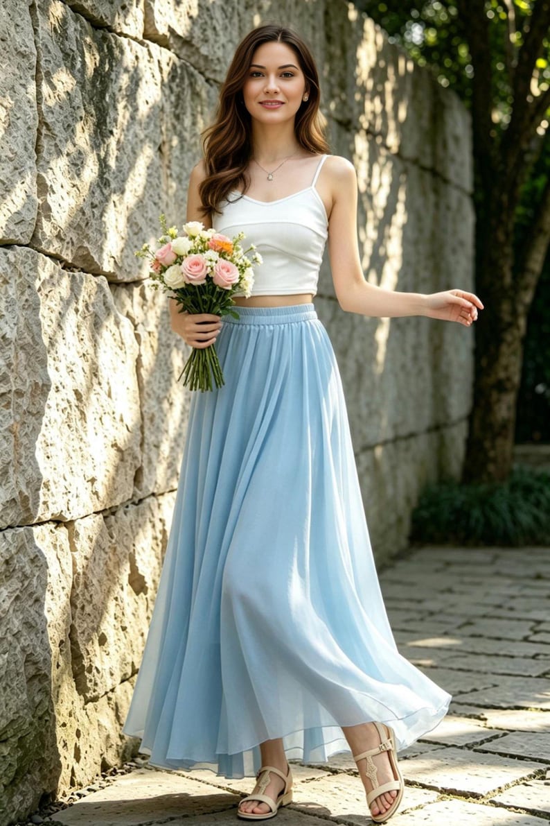 Blue Chiffon Maxi Skirt, Circle Chiffon Swing Skirt, Summer Bohemian ...