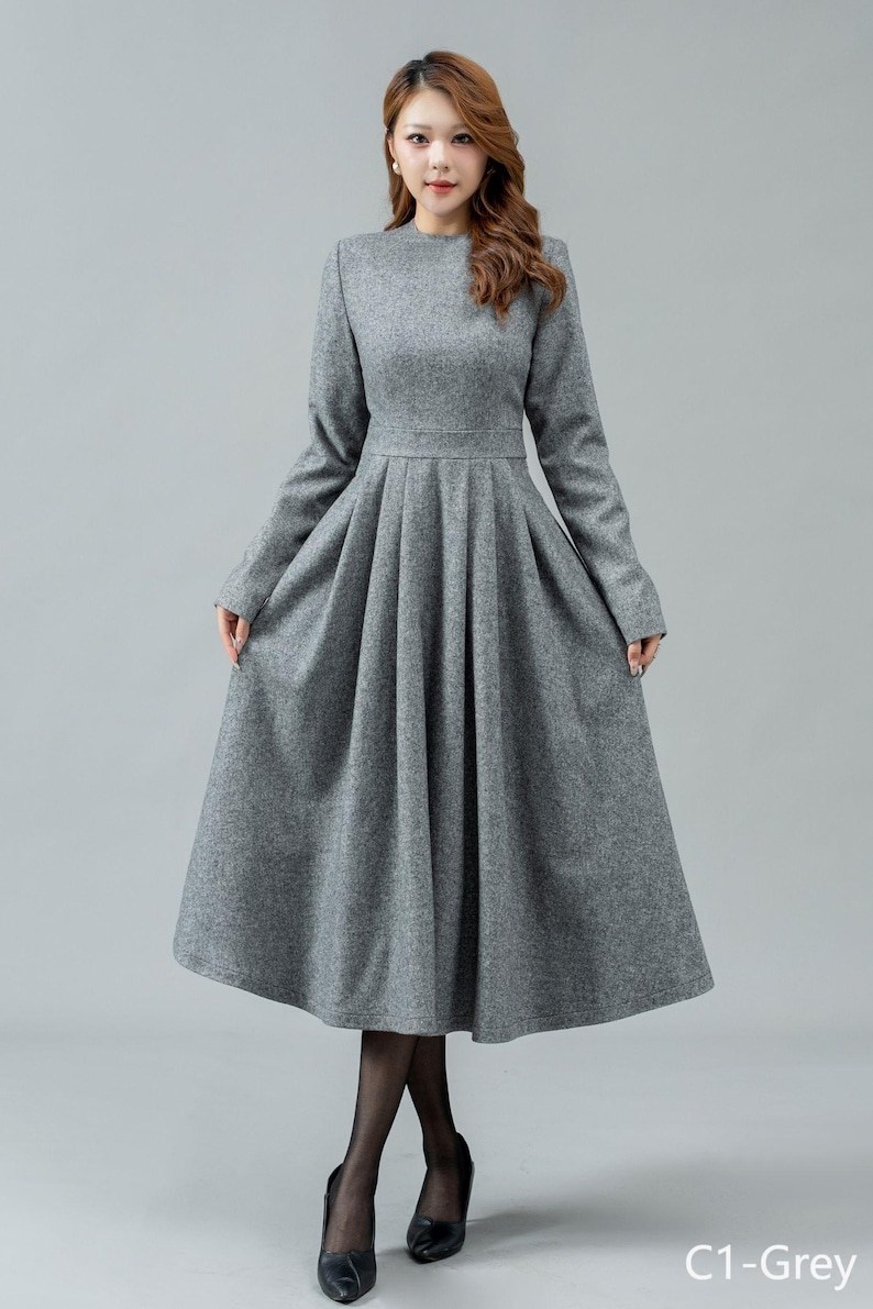 Wool Dress, Swing Wool Dress Women, Gray Pleated Wool Dress, Long ...
