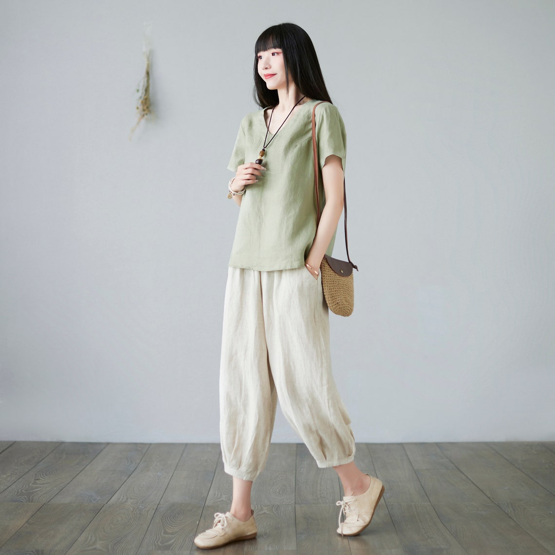 Linen Top Green Blouse Casual Top Women Blouse V Neck Top - Etsy