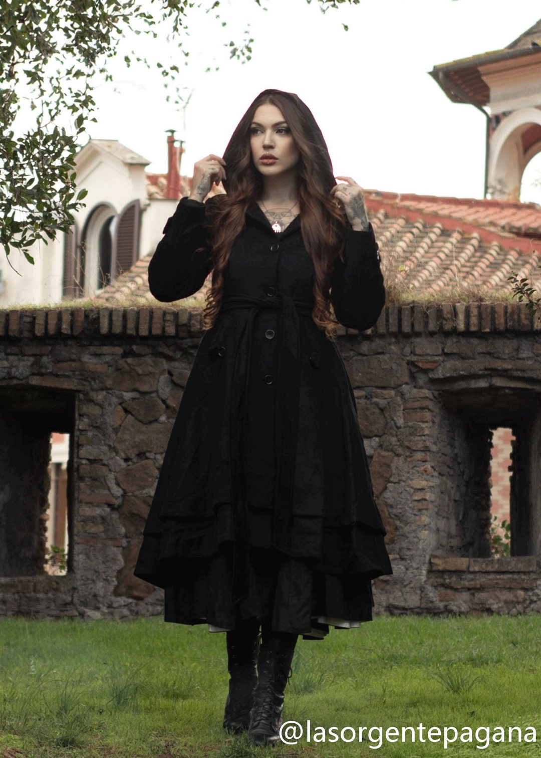 Hooded Wool Coat Women Black Wool Coat Asymmetrical Wool Coat Trench