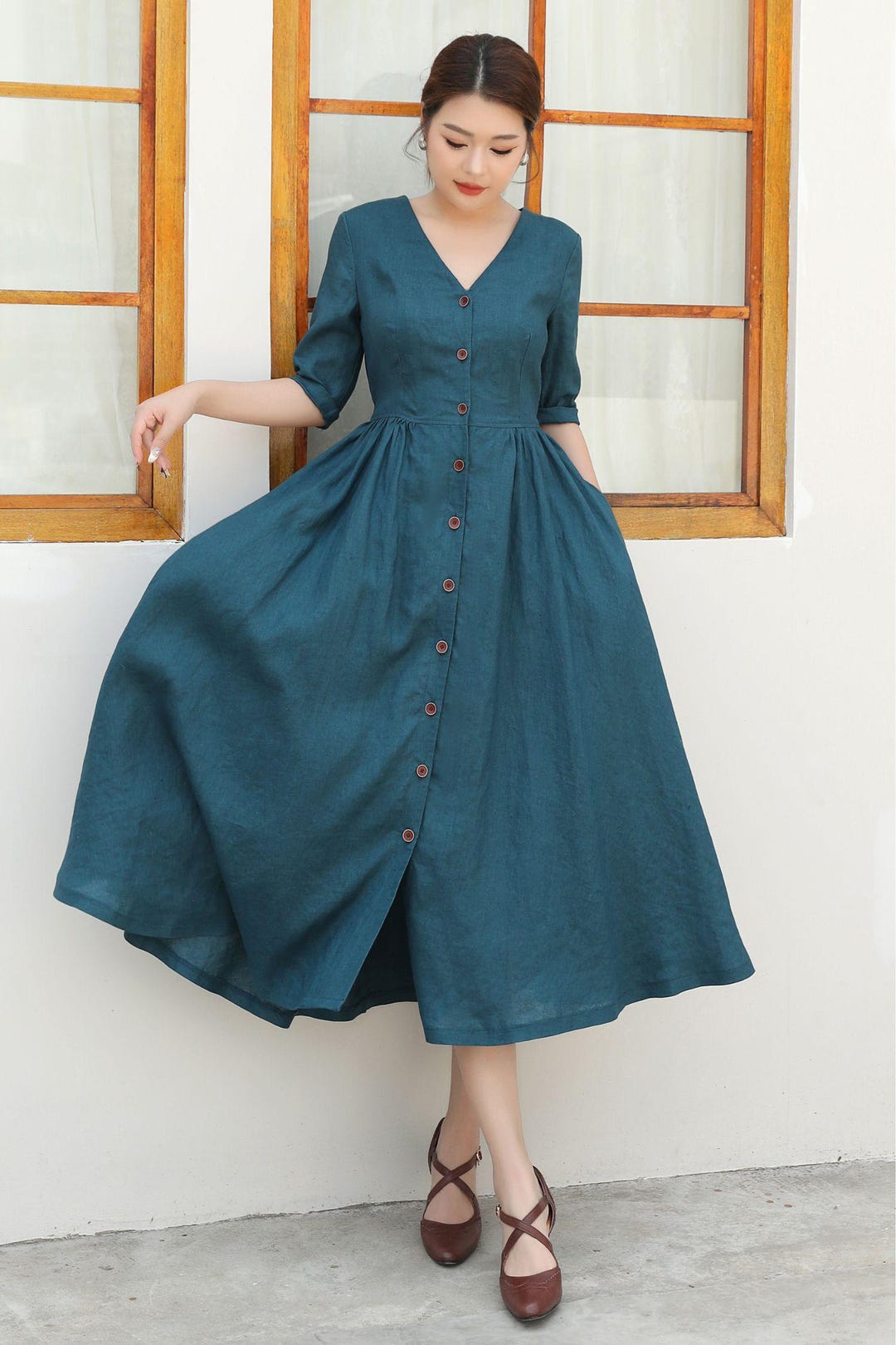 Shirt Linen Dress, Button Front Linen Midi Dress, A-line Dress, Womens ...